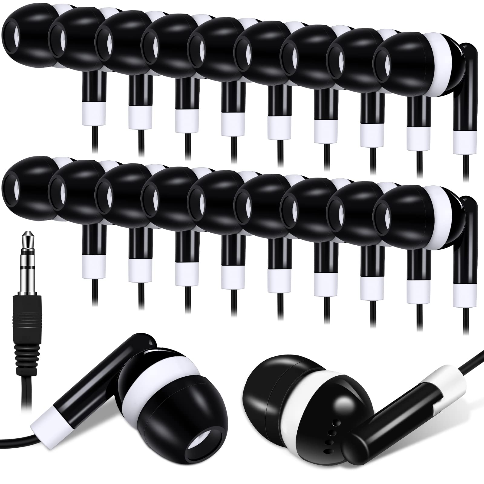 Konohan 100 Pack Bulk Earbuds for Classroom, Student Basic Headphones in Ear for Kids Schools Libraries Laptop, 3.5 MM Earbuds Dot Headphones, Individually Bagged(Black)