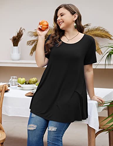 MONNURO Womens Short Sleeve Casual Loose Fit Flare Swing Tunic Tops Basic T-Shirt Plus Size(Black, 3X)