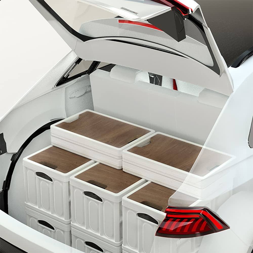 CIROANNELISE Collapsible Storage Bins, 30 Quart Plastic Storage Crates with Wooden Lid, Folding Plastic Stackable Utility Crates with Strengthened Wall, Dormitory, Car,Office (White)