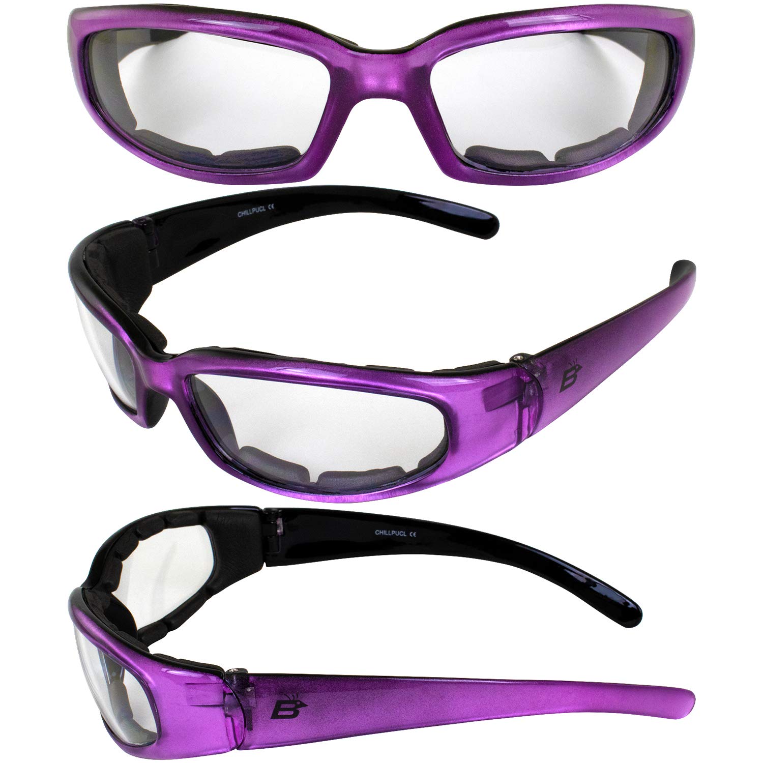 Birdz Eyewear Chill Women's Motorcycle Sunglasses Padded 2 Pairs Purple Frames Clear & Super Dark Lenses