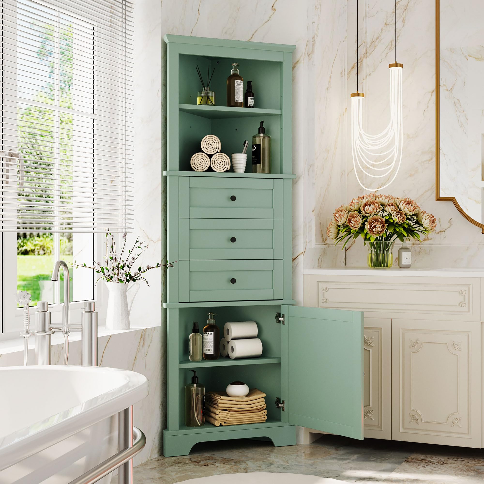 Fuhomtre Triangle Tall Corner Cabinet Drawers and Adjustable Shelves Tall Hutch Corner Bar Cabinet with Door for Kitchen Green