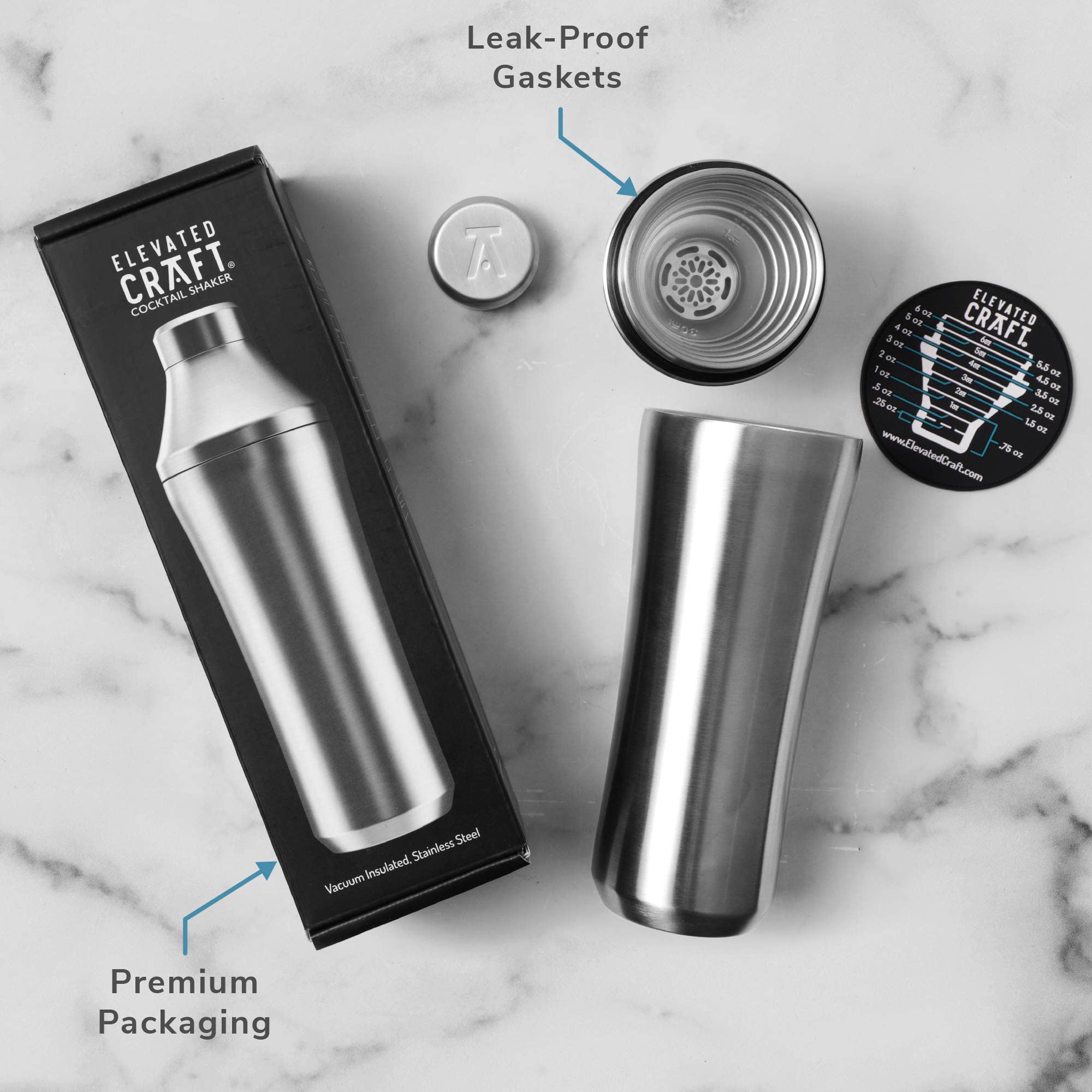 Elevated Craft Hybrid Cocktail Shaker + Hybrid Cocktail Glass - Home Bar Essential Bundle - Premium Vaccum Insulated Cocktail & Steel Base with Removable Glass Insert, Innovative Measuring System