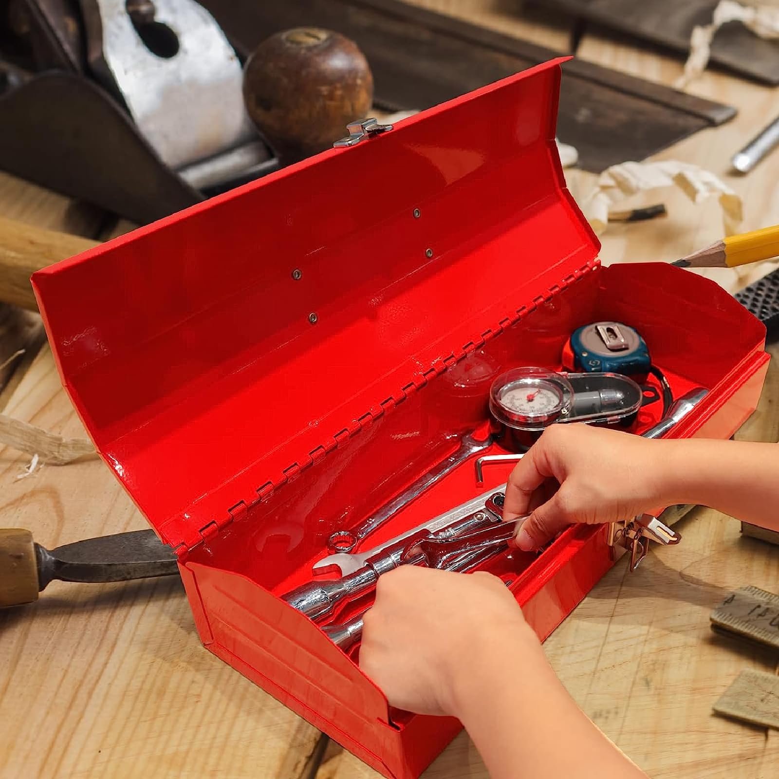 BIG RED ATB213 Torin 16" Hip Roof Style Portable Steel Tool Box with Metal Latch Closure, Red