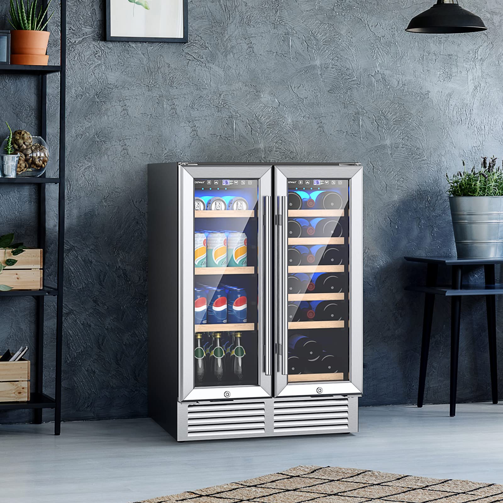 COSTWAY 24 Inch Wine and Beverage Refrigerator, Dual Zone 19 Bottles and 57 Cans Wine Cooler, Under Counter Wine Fridge with Lock, Built-In Freestanding Beverage Fridge for Beer Soda Drink