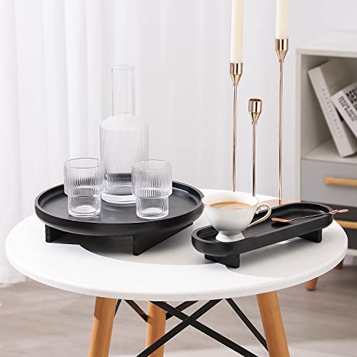 FERAHI Black Decorative Trays, 2 Pcs Black Trays for Coffee Table, Round Wood Serving Tray, Black Vanity Tray for Bathroom, Wood Riser for Kitchen, Black Tray Decor, Modern Farmhouse Decor