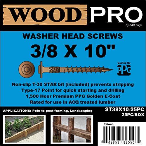 WoodPro Fasteners ST38X10-25PC 3/8-Inch by 10-Inch Length Round Washer Head Exterior Wood Screws, 25-Pack , Gold