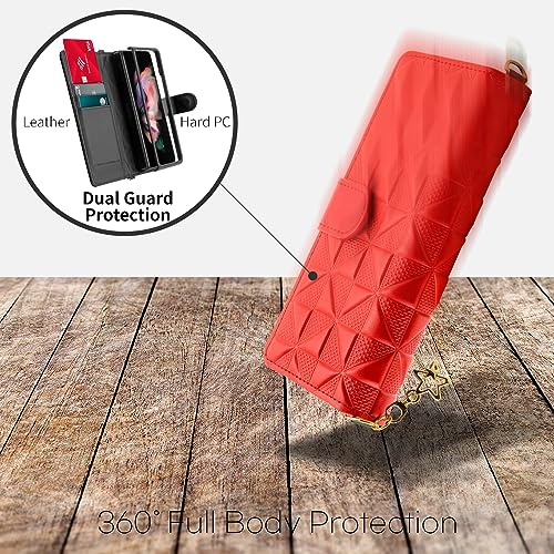Qoosan Genuine Leather Designed for Samsung Galaxy Z Fold 5 Wallet Case (2023) Hinge Protection 360 Cover Flip Phone Case with Card Holder Strap, Red