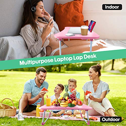 KPX Portable Laptop Bed Table, Fordable Lap Desk with Cup Slot & Notebook Stand Breakfast Bed Trays for Eating and Laptops Book Holder Lap Desk for Floor,Couch, Sofa, Bed, Terrace, Balcony (Pink)