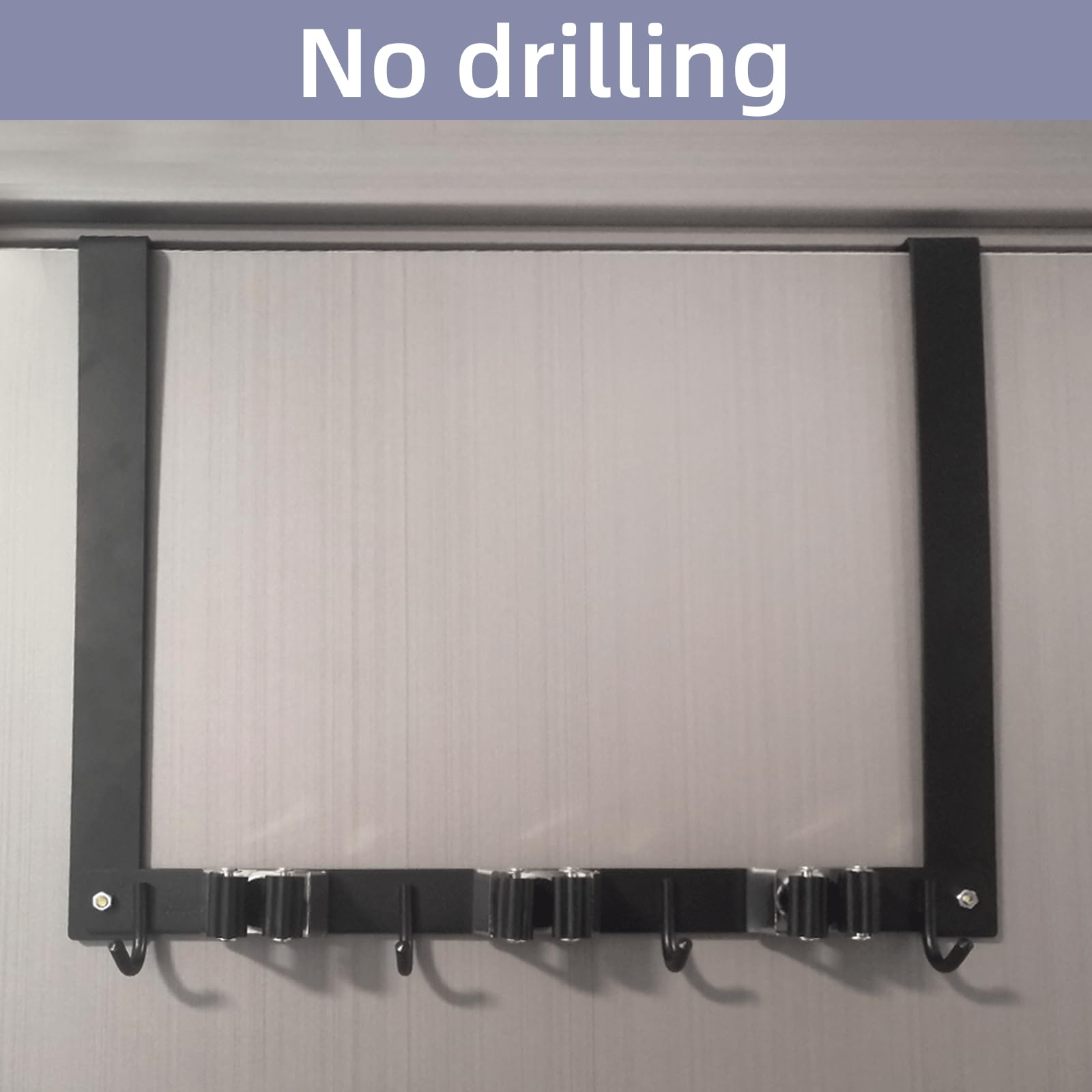 Over the Door Broom and Mop Holder,Drilling Free Mop and Broom Holder Wall Mount with 2 Over Door Hooks,Metal Mop and Broom Holder for Laundry Room, Garage, Kitchen, Closet, Bathroom