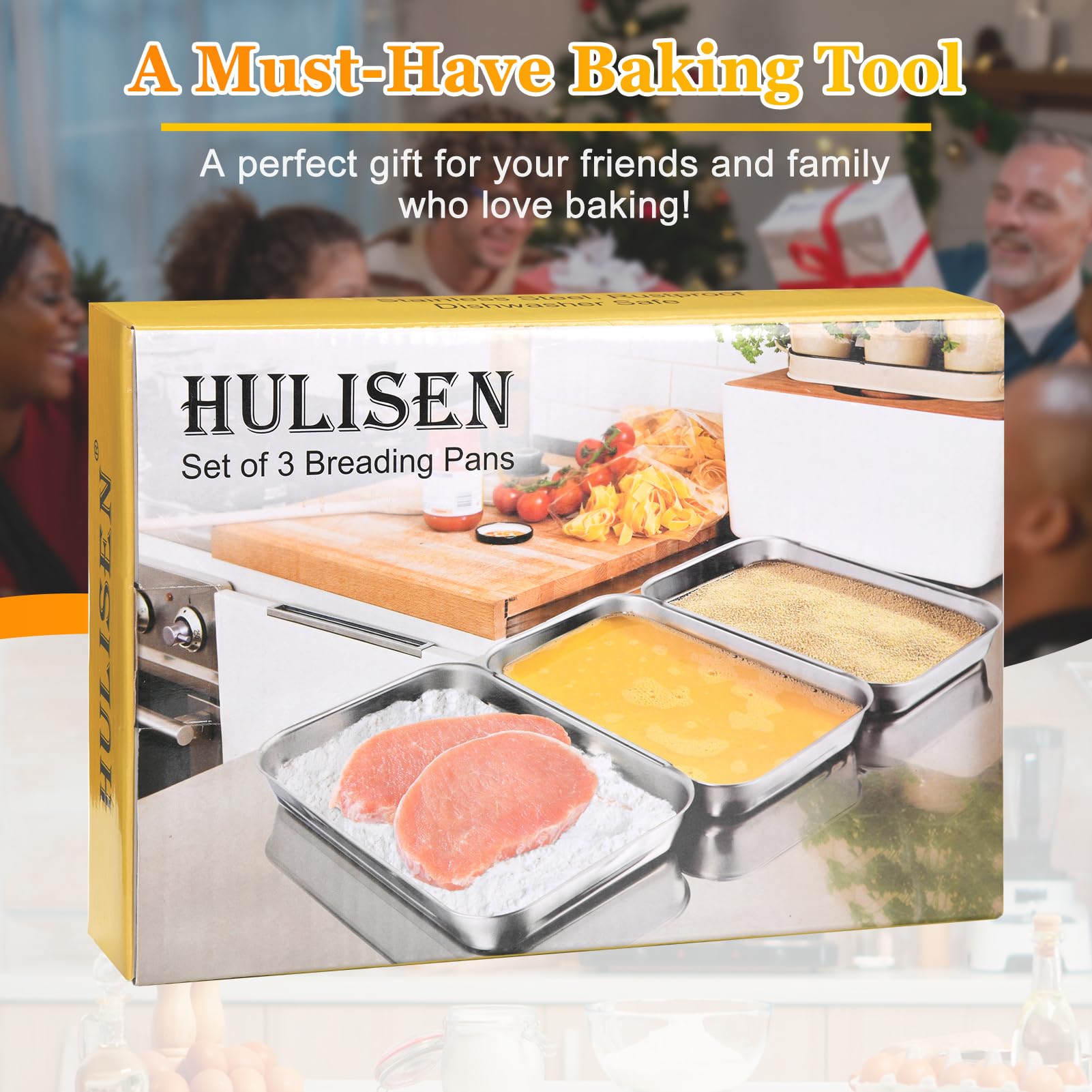 HULISEN Breading Trays Set of 3, Large Stainless Steel Breading Pans for Dredging Chicken Breasts and Marinating Meat, Interlocking Food Prep Trays for Coating Fish and Breadcrumb Dishes, Oven Safe