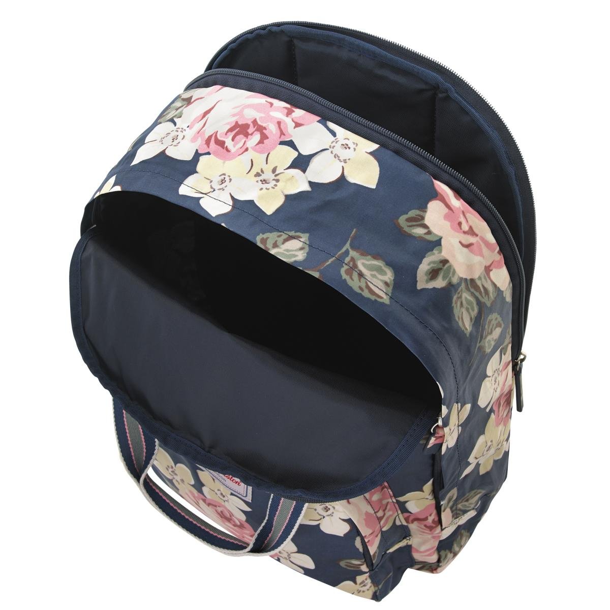 Cath Kidston Matt Oilcloth Multi Pocket Backpack Fitting 13" Laptop Rucksack Richmond Rose Floral Pattern in Dark Navy Color Background