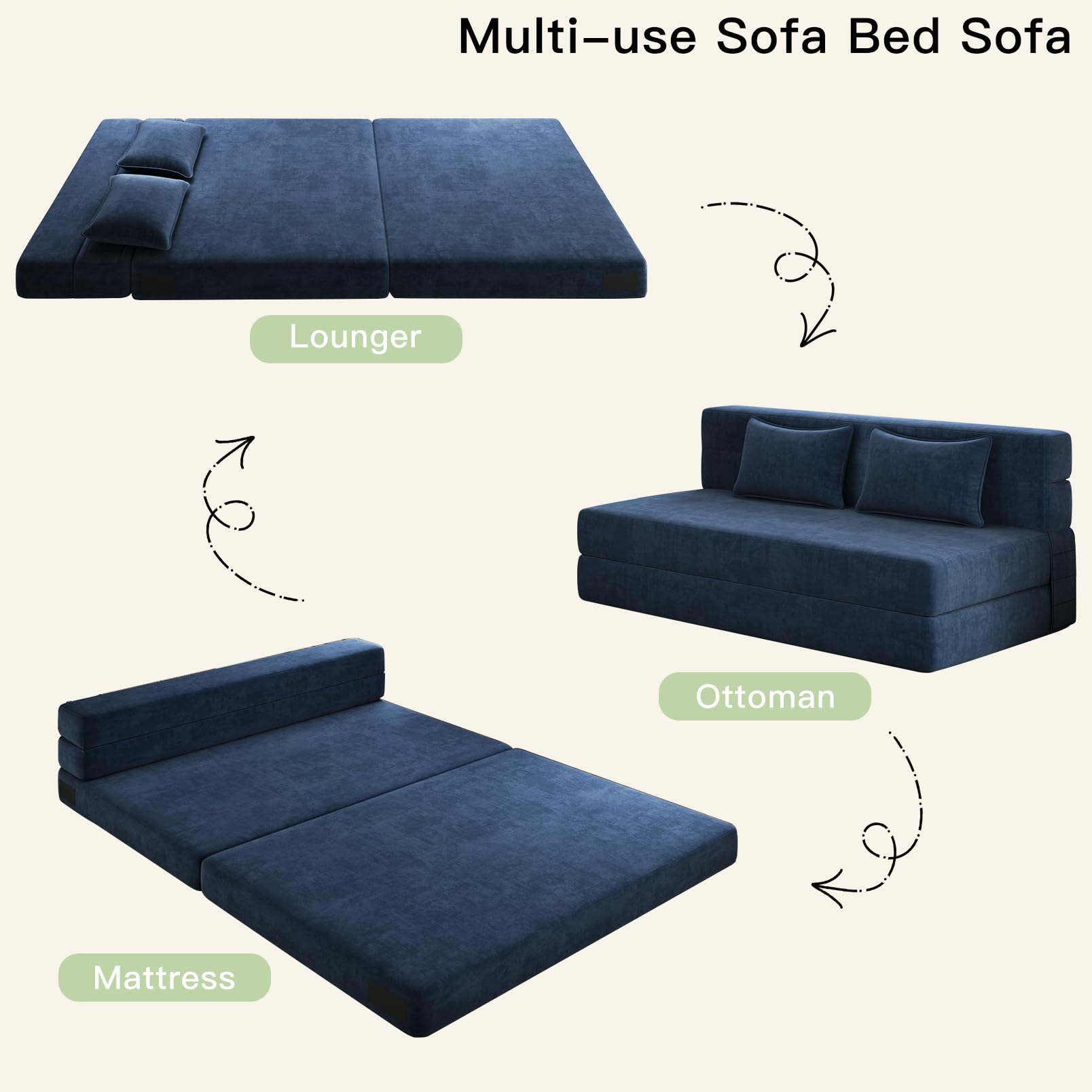 Luoxiao Folding Sofa Bed Queen with 2 Pillows, Foldable Sofa Bed for Travel, Camping, Guest, Futon Sleeper Chair Guest Bed with Breathable & Washable Cover, Convertible and Easy to Storage,NavyBlue