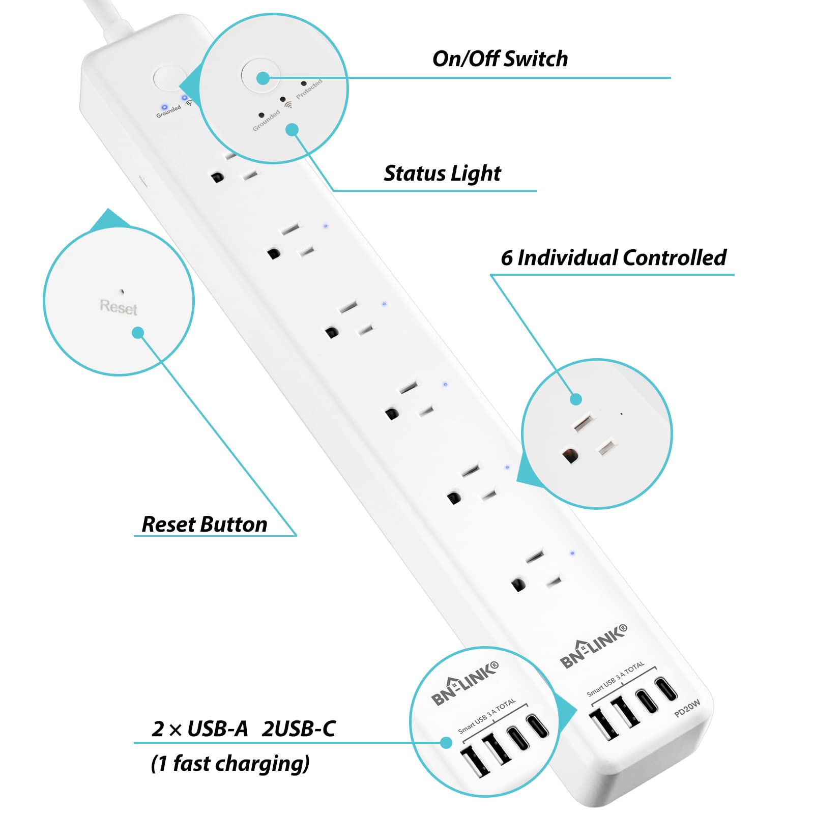 BN LINK Smart Plug Power Strip,Surge Protector with 6 Individually Controlled Smart Outlets, 4 USBs (incl. 20W USB-C), Compatible with Alexa and Google Home