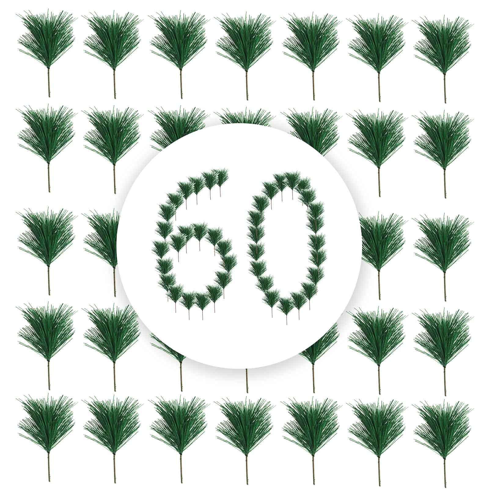 SUJIUJIU 60PCS 3.9"X3.1"Artificial Pine Needles Branches-Small Green Twigs Stems Picks-Fake Greenery Picks for Christmas Garland Wreath Embellishing and Home Holiday Garden Decoration
