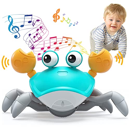 Crawling Crab Baby Toy, Interactive Crab Toys for Babies, Musical Walking Crab Toy with USB Charge and Light, Automatically Avoid Obstacles, Learning Development Toy for Kids & Toddlers (Blue)