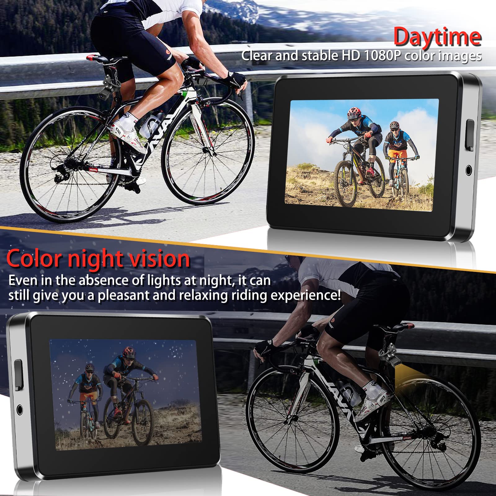 Bike Camera Rechargeable Battery 360 Rotation - 3 Mins Easy Install Handlebar Bicycle Camera with Rear View Monitor Color Night Vision Ebike Camera PTAVLO P01