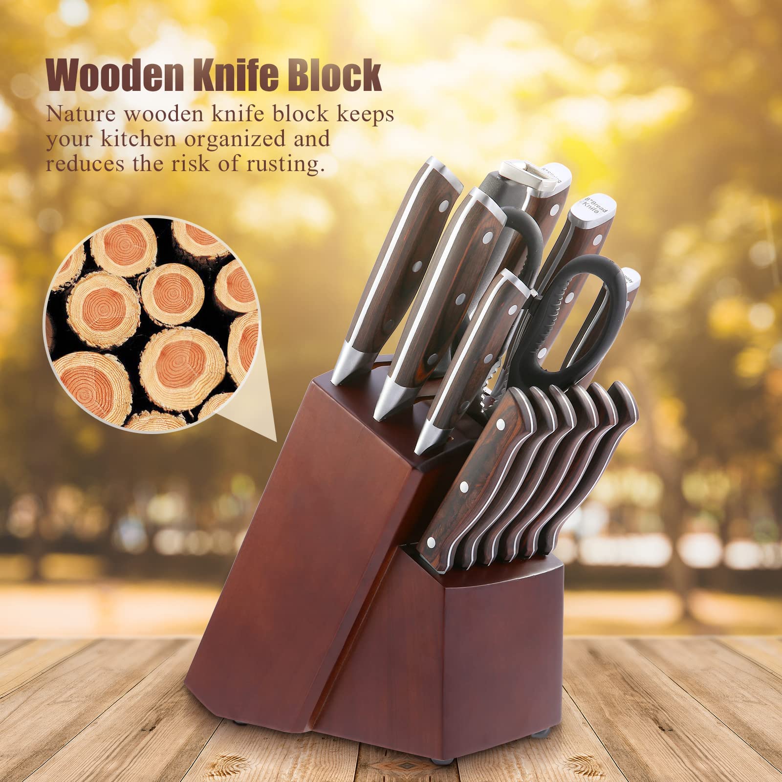 Enfmay 15 Pieces Kitchen Knife Set, Professional Kitchen Knives, Household Cutting Knives Set for Kitchen, Made of Germany 1.4116 Stainless Steel, Extra Sharpness Kitchen Knife Set with Block