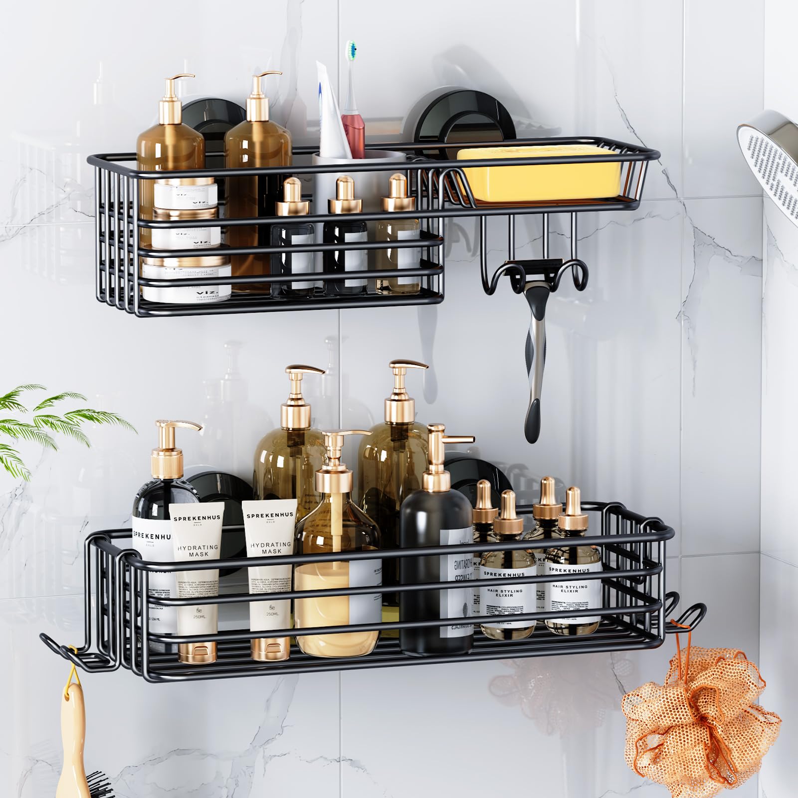 LEVERLOC Shower Caddy Suction Cup, 2 Pack Shower Shelves for Inside Shower with Hooks & Soap holder, NO-Drilling Suction Bathroom Shower Organizer, Stainless Steel Black Shower Storage