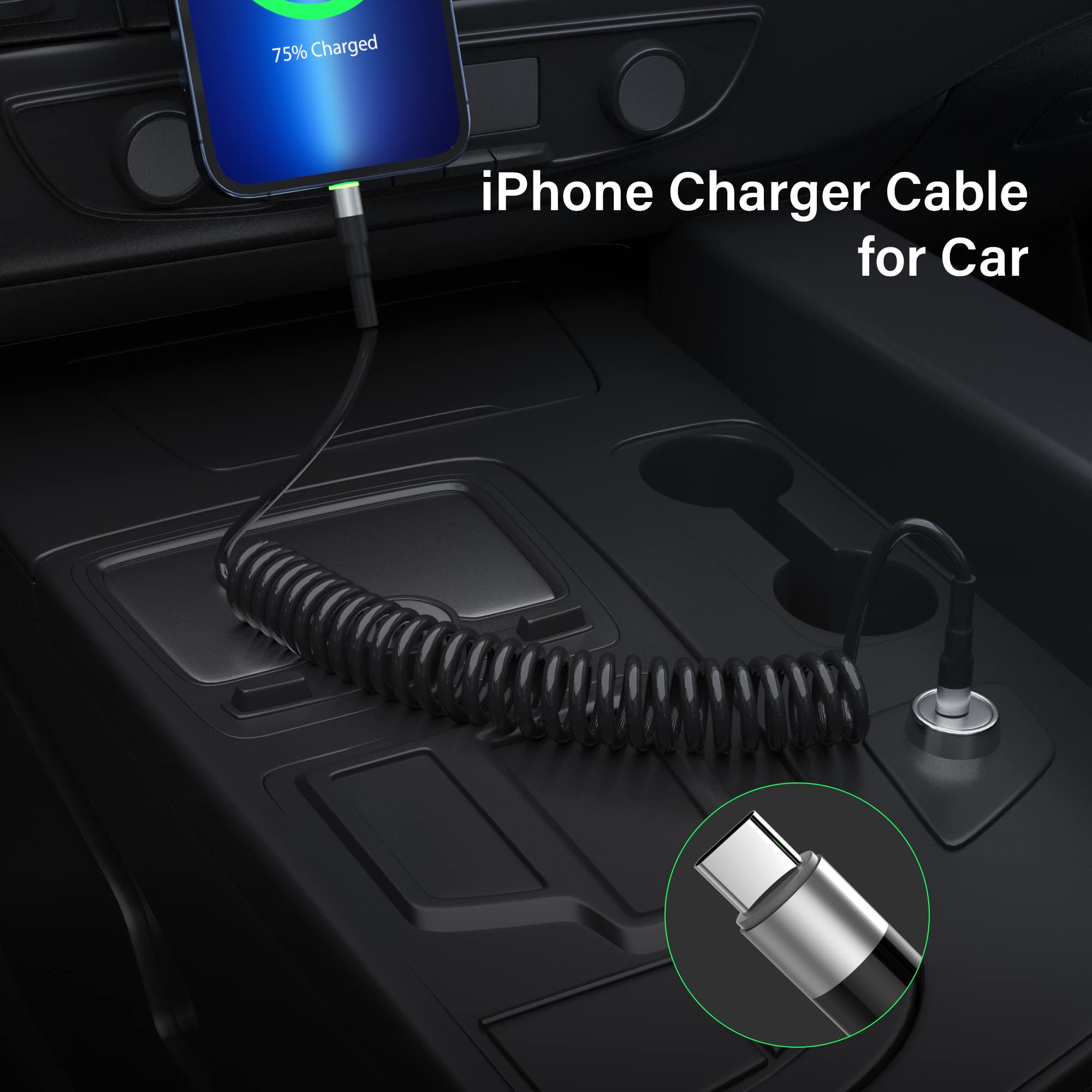 Coiled USB C to Lightning Cable with Apple Carplay, Coiled iPhone Charger Cable [MFi Certified] Apple Carplay Cable Short Retractable iPhone Lightning Charger Cord with LED for iPhone, iPad, iPod