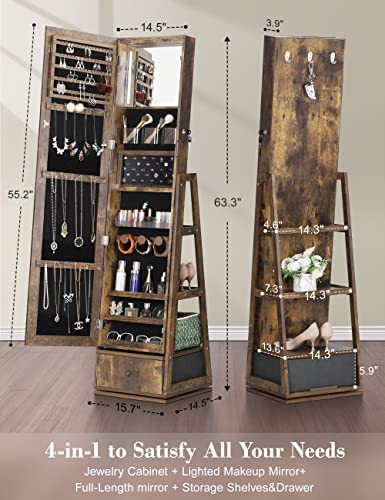 Nicetree 360° Swivel Jewelry Cabinet with Lights, Touch Screen Vanity Mirror, Rotatable Full Length Mirror with Jewelry Storage, Locking Jewelry Armoire Organizer, Foldable Makeup Shelf, Rustic Brown