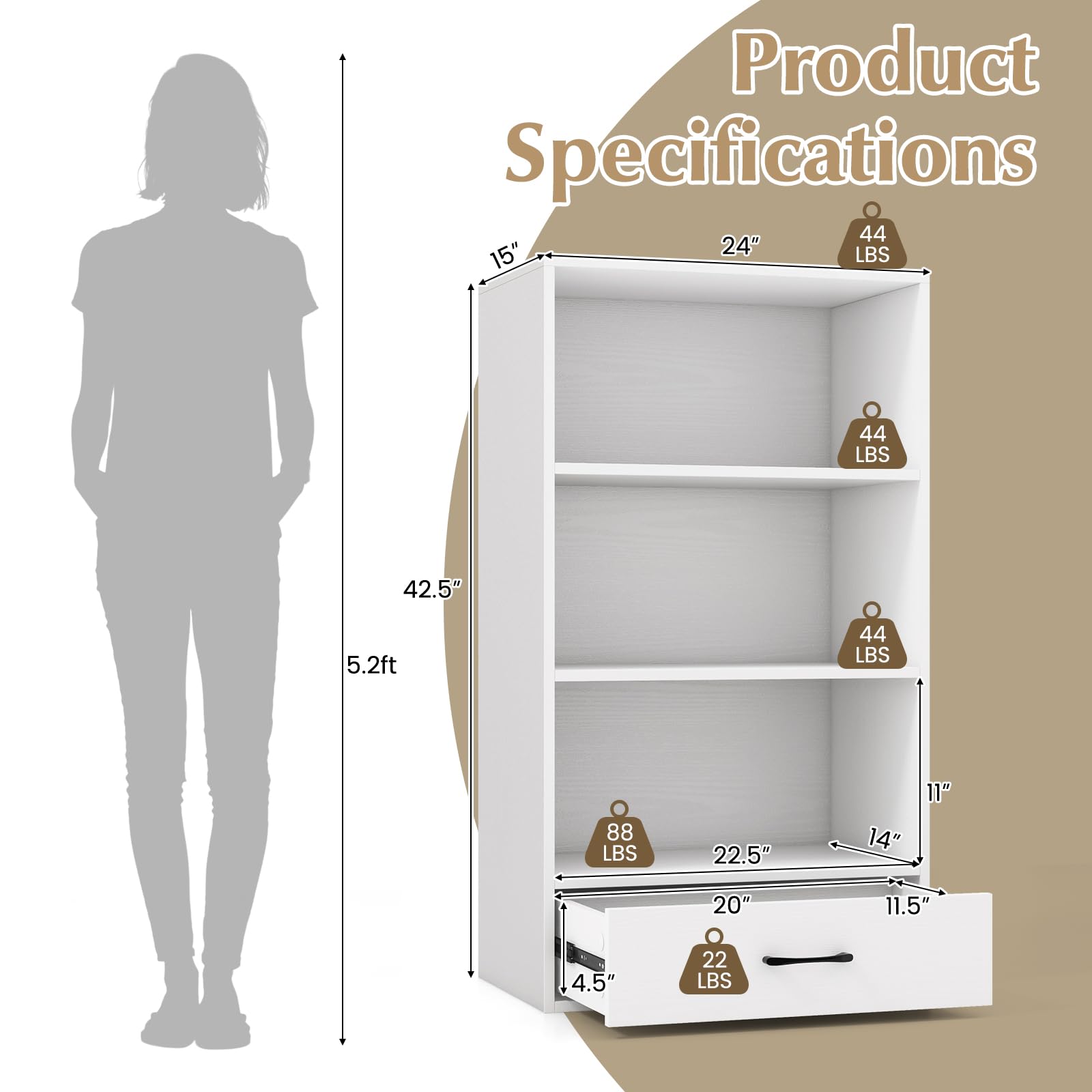 IFANNY 3 Shelf Bookcase with Drawer, Wood Bookshelves and Bookcases, Cube Bookcase Shelf, Small Bookshelf with Storage for Small Spaces, White Book Shelf for Bedroom, Living Room, Home Office