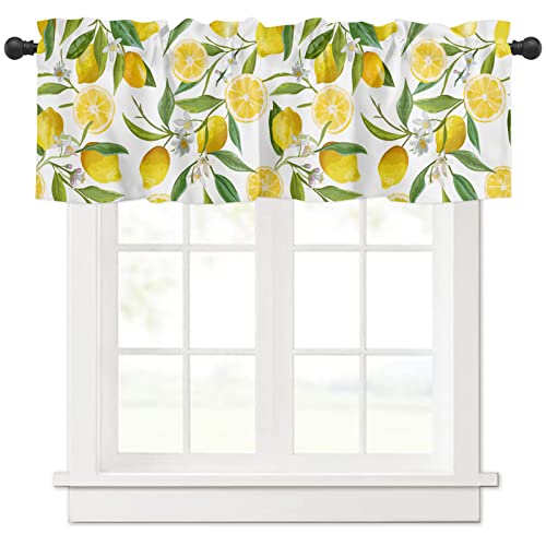 Voguard Yellow Lemon Valance Curtain Rod Pocket Window Curtain Summer Garden Fruit Flower Lemon Slice and Leaves Washable Window Treatment for Living Room Bedroom Kitchen Home Decor 54x18in