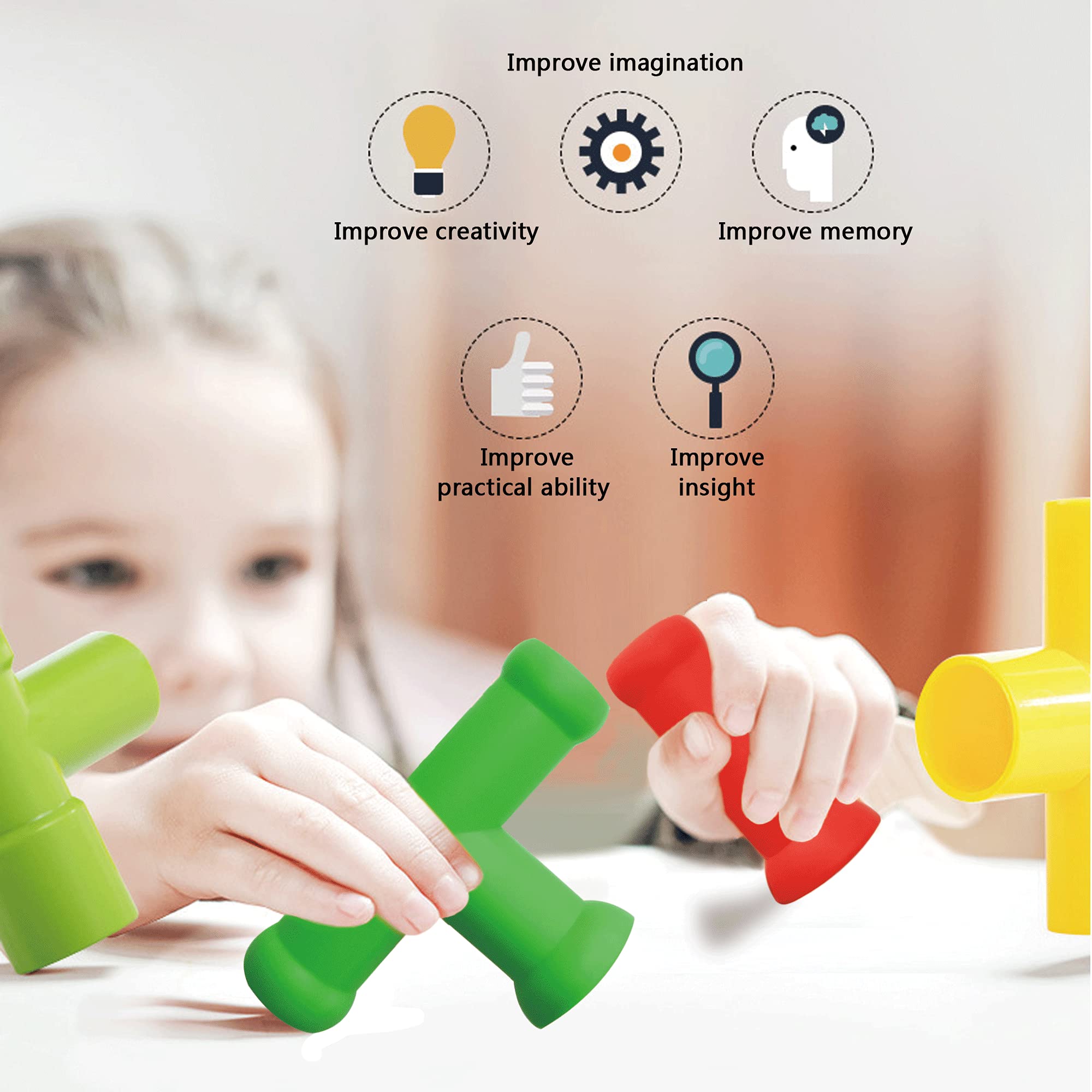 Tucimibo STEM Pipes & Joints Tube Building Blocks Sensory Toy Set for Toddler Boys Girls Kids, 100 Pcs Creative Locks Construction Educational Preschool Learning Child Gift with Wheels