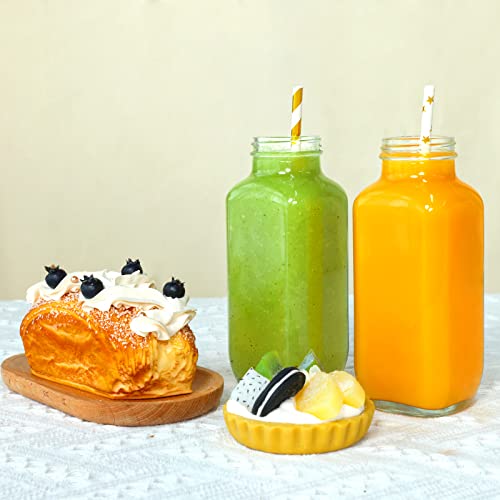Moretoes 6 Pack 16oz Glass Juice Bottles with Lids Reusable Glass Square Beverages Drinking Jars with Tamper-proof Black Caps for Travel Milk Water Tea Honey Kombucha Smoothie Boba