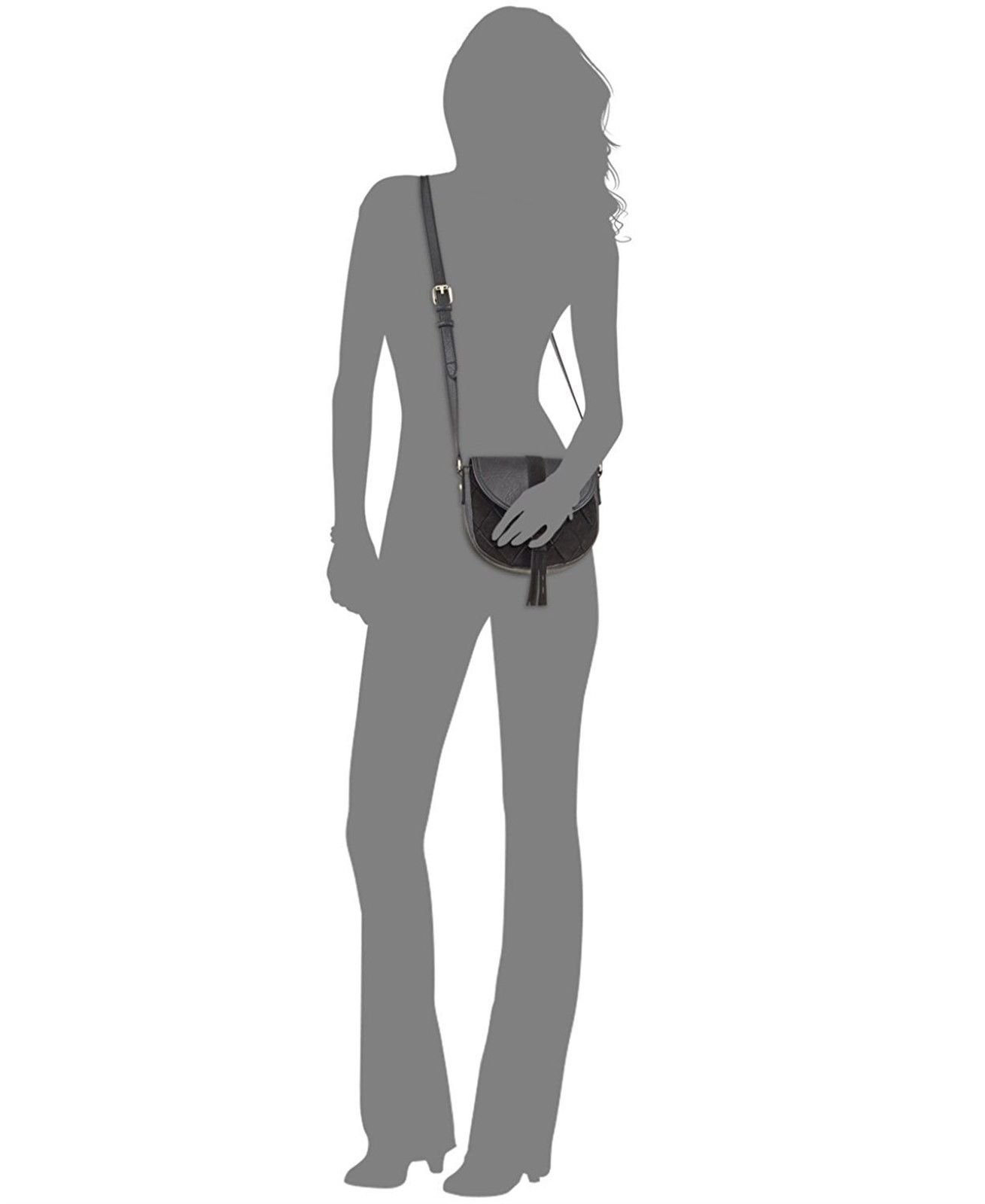 INC Womens Ella Leather Trim Tassel Saddle Handbag Black Small