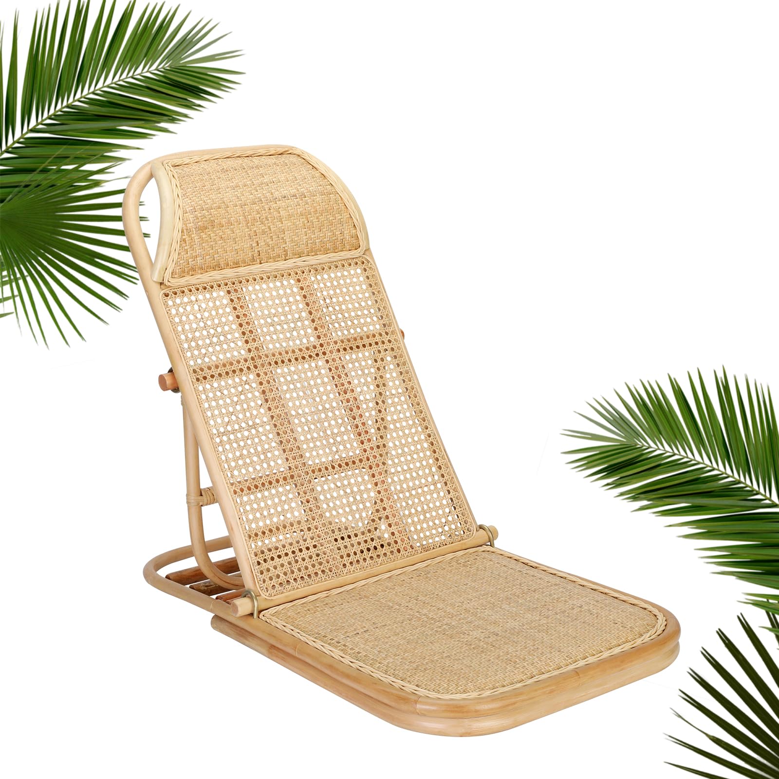 Folding Portable Beach Chair, 4-Gear Adjustable Chaise Lounge, Rattan Beach Chair, Floor Wood Chair,Pool Lounger Recliner, Portable Wicker Beach for Pool Home Yoga Meditate Office Relaxation