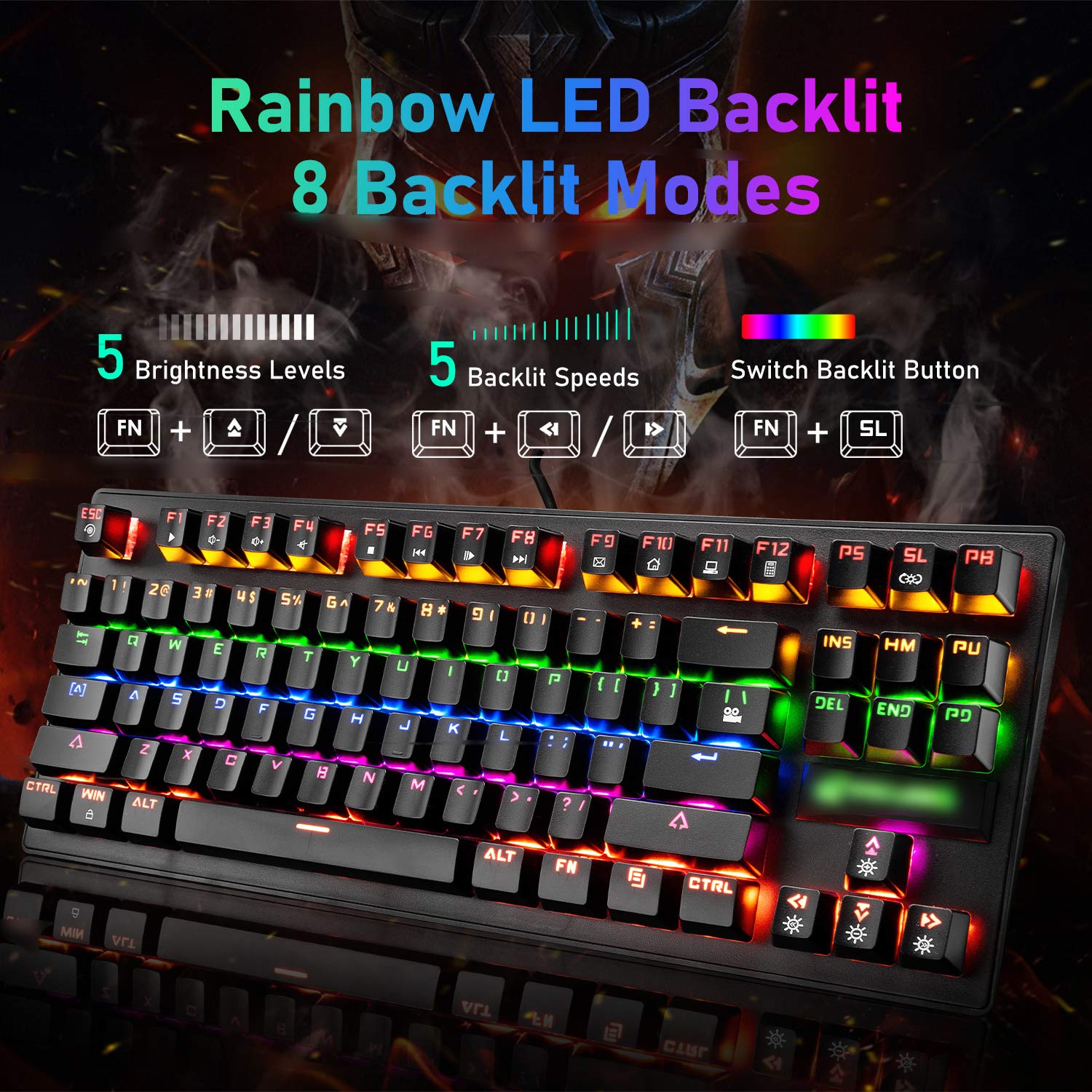 Computer Mechanical Keyboard,Wired Rainbow LED Backlit 87 Key Waterproof Gaming Keyboard,Gaming Mouse 6400 DPI RGB Mouse and Mouse pad for PC PS4(Black)