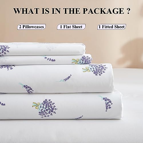 Extra Deep Pocket Full Sheets Set White - 4 Piece Floral Sheets Bed Sheets Fit 16 Mattress - Luxury Soft Cooling Sheets Fitted Sheets Full Size,Wrinkle Resistant,Full Sheets,Purple Floral Bed Sheets