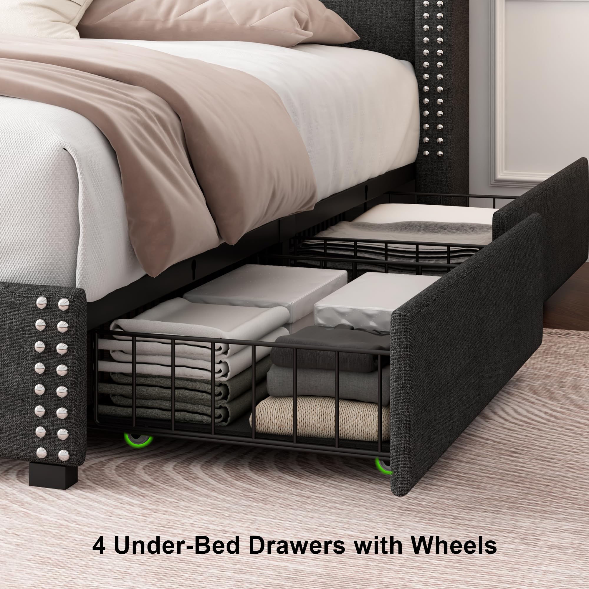 Feonase Upholstered Storage Bed Frame Queen Size with 4 Drawers, Platform Bed with Charging Station & Wingback Headboard, Solid Wood Slats Support, Dark Gray