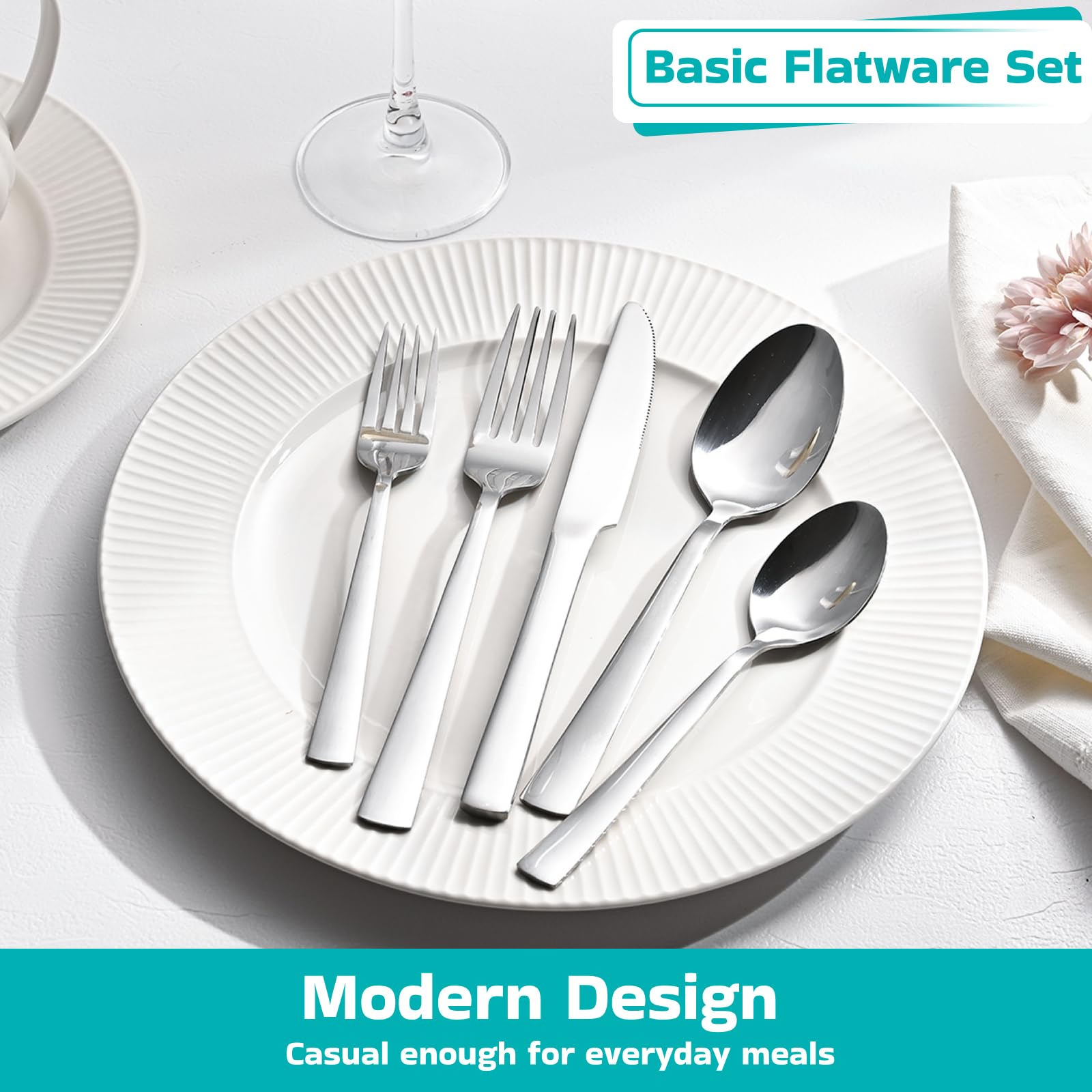 KINGSTONE 40-Piece Silverware Service for 8 - Premium Stainless Steel Flatware Set, Basic Silverware Set, Modern Utensils Set for Everyday Use, Lightweight Cutlery Set Easy to Carry