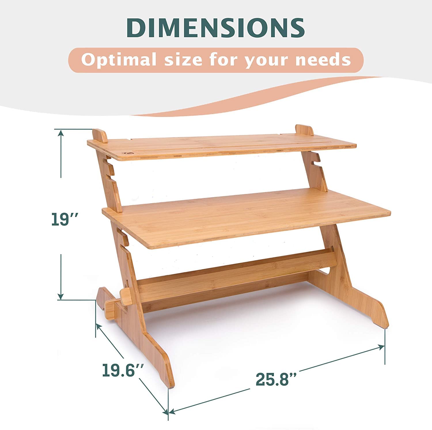Crew & Axel Standing Desk Converter Bamboo Adjustable Sit Stand Desk Riser - Great for Laptops, Monitors Home or Office 19" High 26" Wide with Tablet & Phone Stand