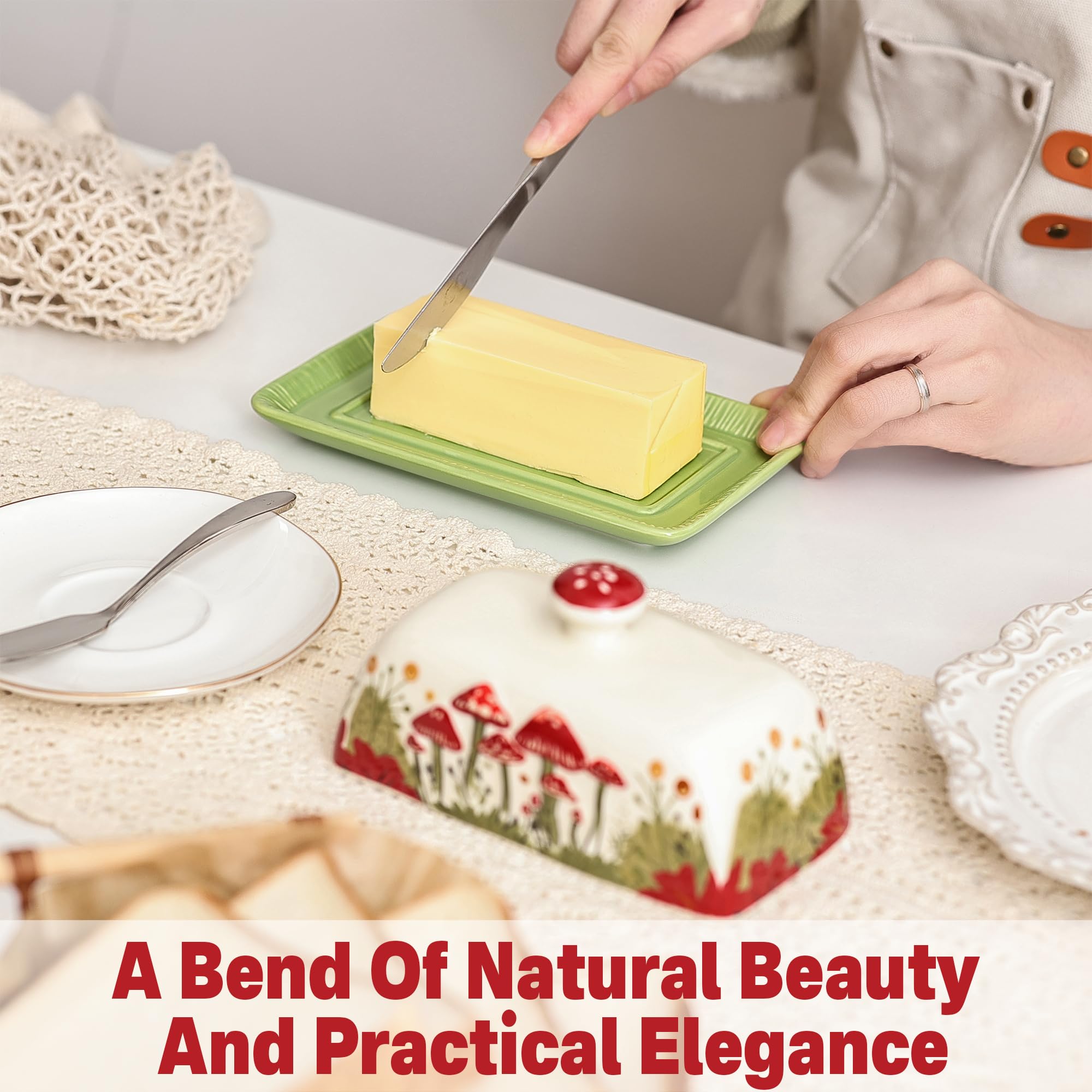 Fungi Fun Mushroom Butter Dish With Lid For Countertop Ceramic Butterdish, Red Mushroom Butter Container, Butter Tray Large Butter Dish Covered (White, Standard)