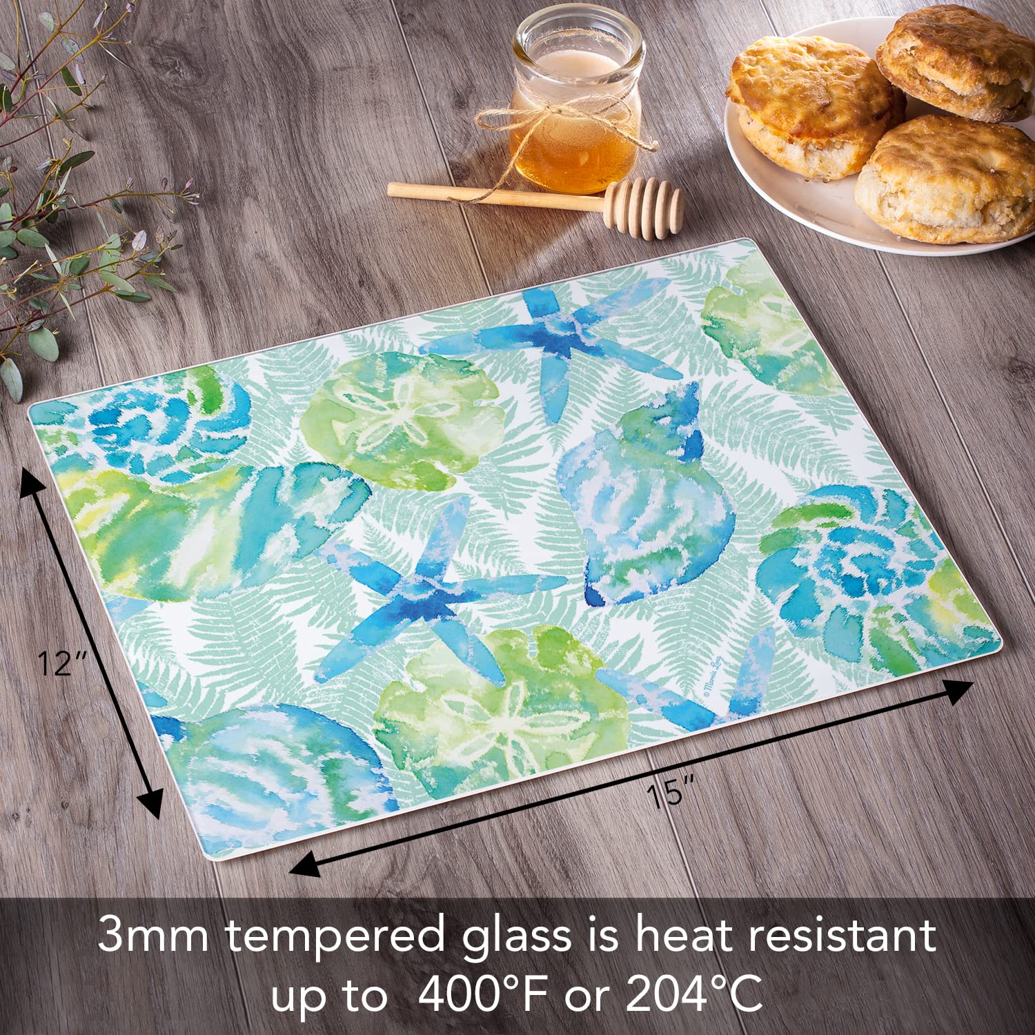 CounterArt Coastal Isla Mona 3mm Heat Tolerant Tempered Glass Cutting Board 15β x 12β Manufactured in the USA Dishwasher Safe