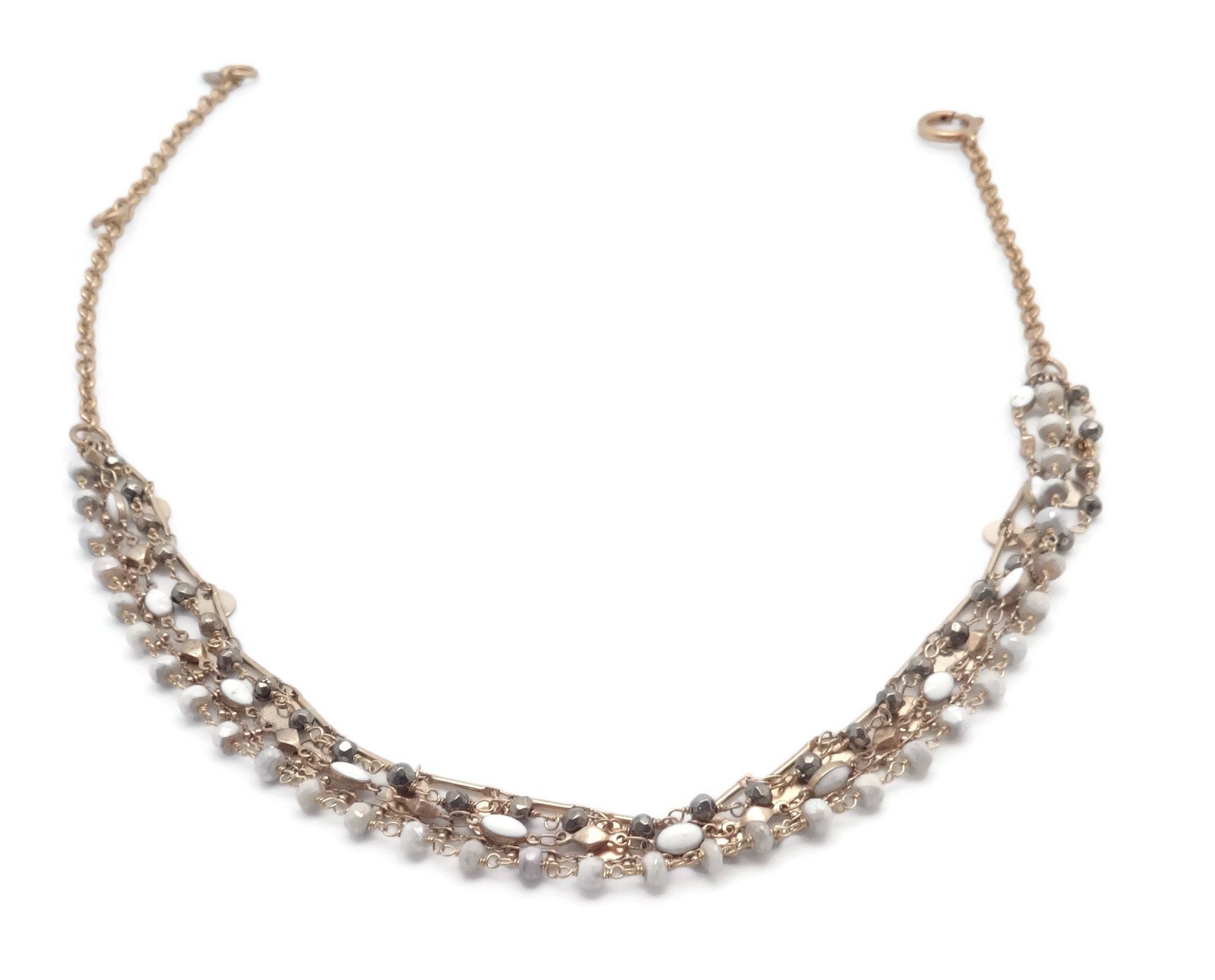 Catherine Popesco White & Grey Mineral Stone Mix Multi Strand Goldtone Necklace