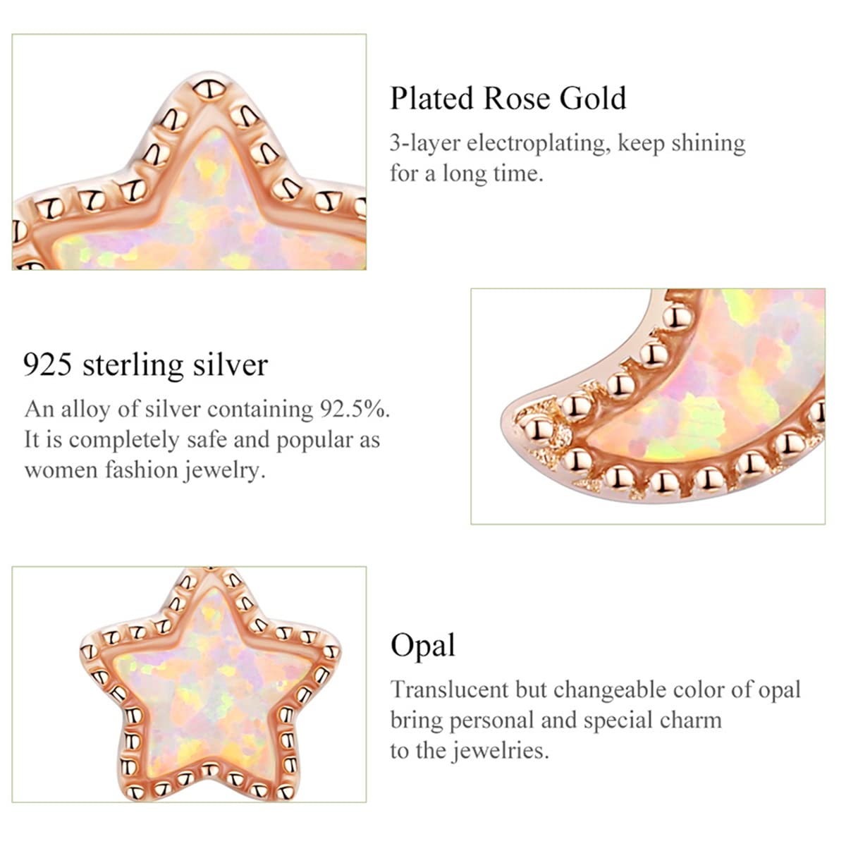 BISAER 925 Sterling Silver Stud Moon Star Opal Stud Small Planet Ear Studs, Hypoallergenic Tiny Earring Studs for Women