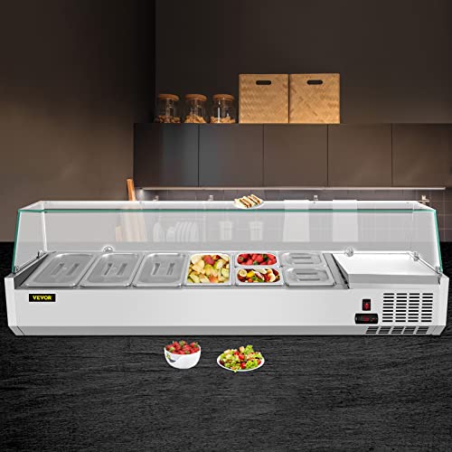 VEVOR Refrigerated Condiment Prep Station, 60-Inch, 16.8Qt Sandwich Prep Table w/ 4 1/3 Pans & 4 1/6 Pans, 146W Salad Bar w/ 304 Stainless Body Tempered Glass Shield Digital Temp Display Auto Defrost