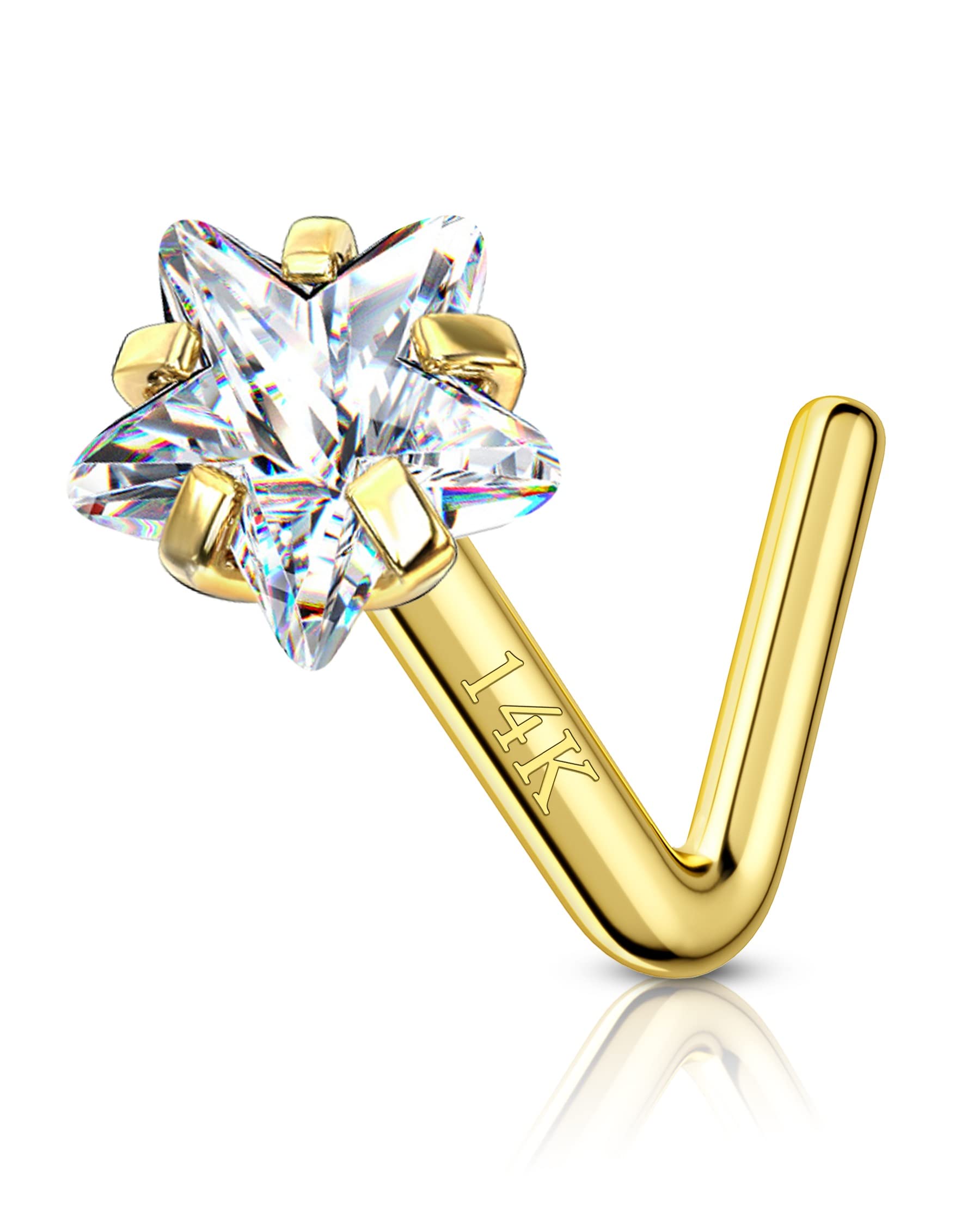 COCHARM 14k Solid Gold Star Nose Stud 20g Yellow Gold L Bend Nose Stud L Shape Star Nose Ring Stud Diamond Real Gold Nose Piercing For Women Men