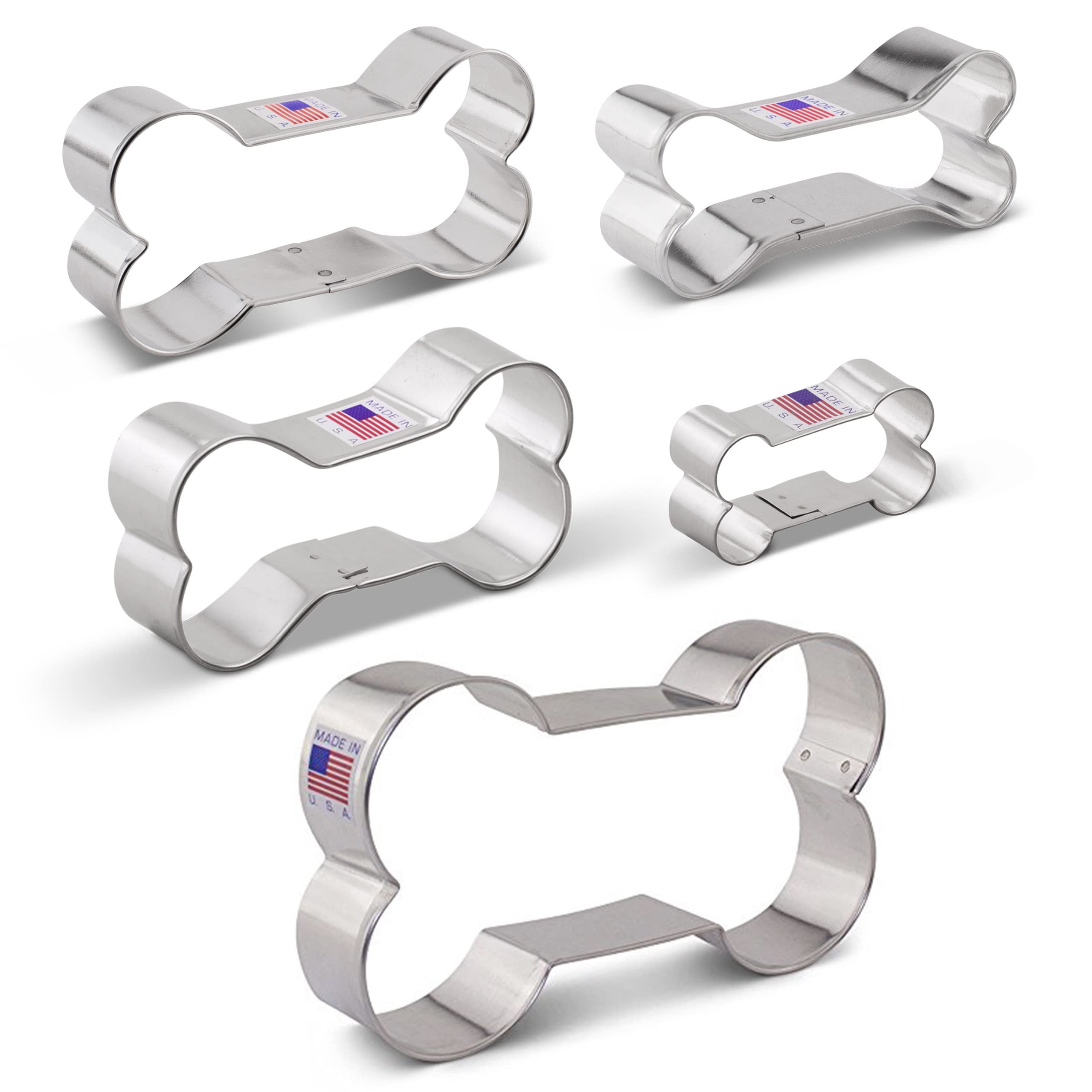Dog Bone and Biscuit Dog Treat Cookie Cutters 5-Pc Set Made in USA by Ann Clark, 2", 3 1/8", 3 1/2", 4", 5"