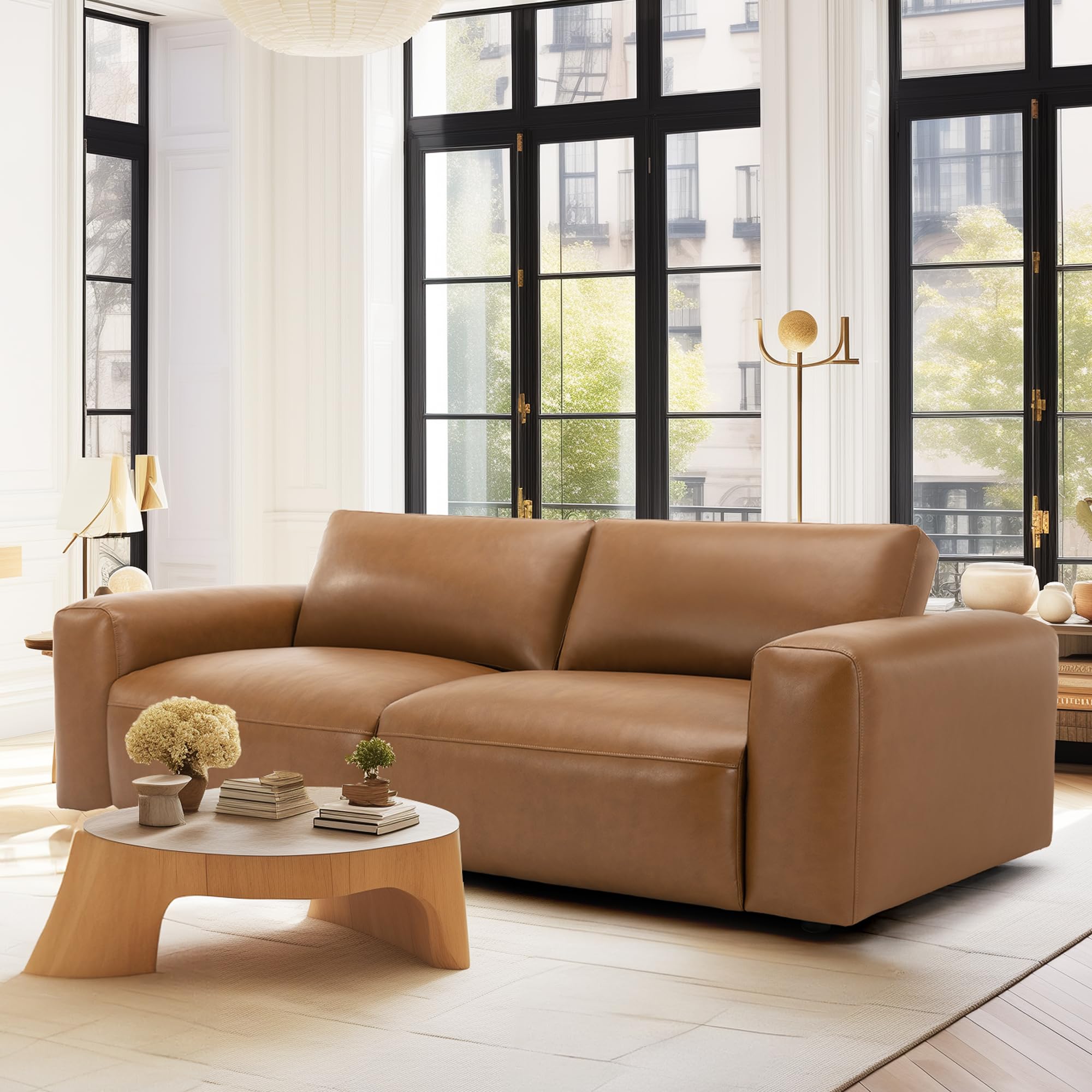 COLAMY PU Leather Sofa Couch, 95" Oversized Sofa Loveseat for Living Room, Comfy Love Seat Couch with Extra Deep Seats, Wide Arm, Down Filled 3-Seater Modern Sofa for Apartment/Lounge/Bedroom-Auburn