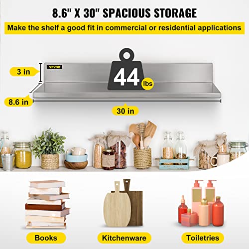 VEVOR Stainless Steel Wall Shelf, 8.6'' x 30'', 44 lbs Load Heavy Duty Commercial Wall Mount Shelving w/Backsplash for Restaurant, Home, Kitchen, Hotel, Laundry Room, Bar (1 Pack)