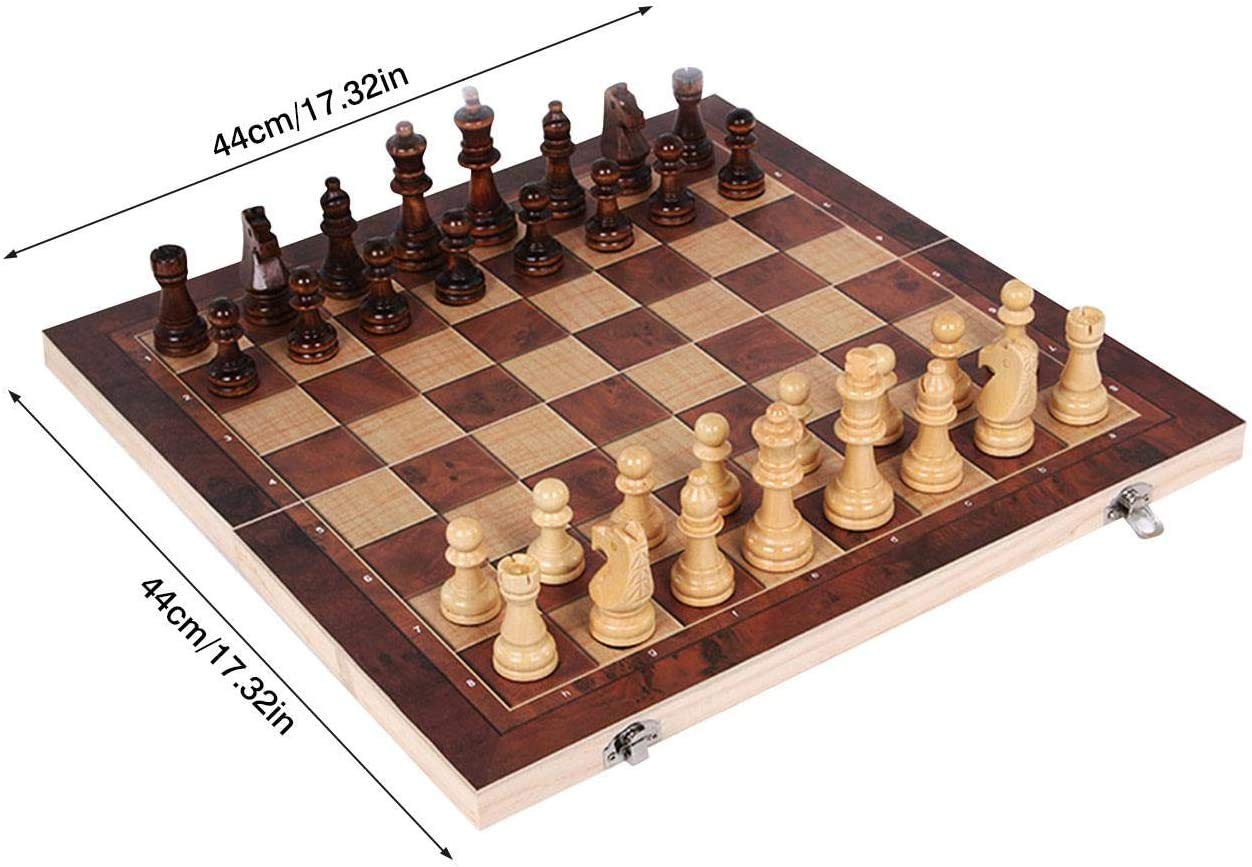 Wooden Chess Set Folding, 3 in 1 Wooden Chess Checkers Backgammon Set with Storage for Pieces - for Adults Beginners and Kids Aged 4+
