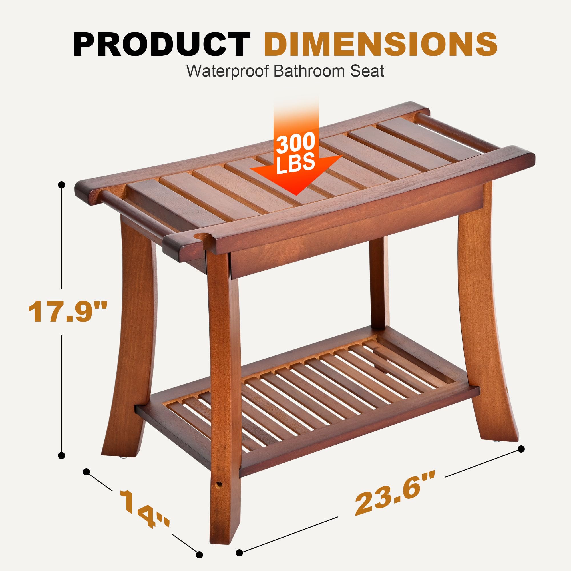Jekruiet Teak Shower Chair Stool, 24 Inch Shower Bench Seat, Wooden Bathroom Bench with Storage Shelf for Adults, Elderly, Disabled Indoor & Outdoor Use
