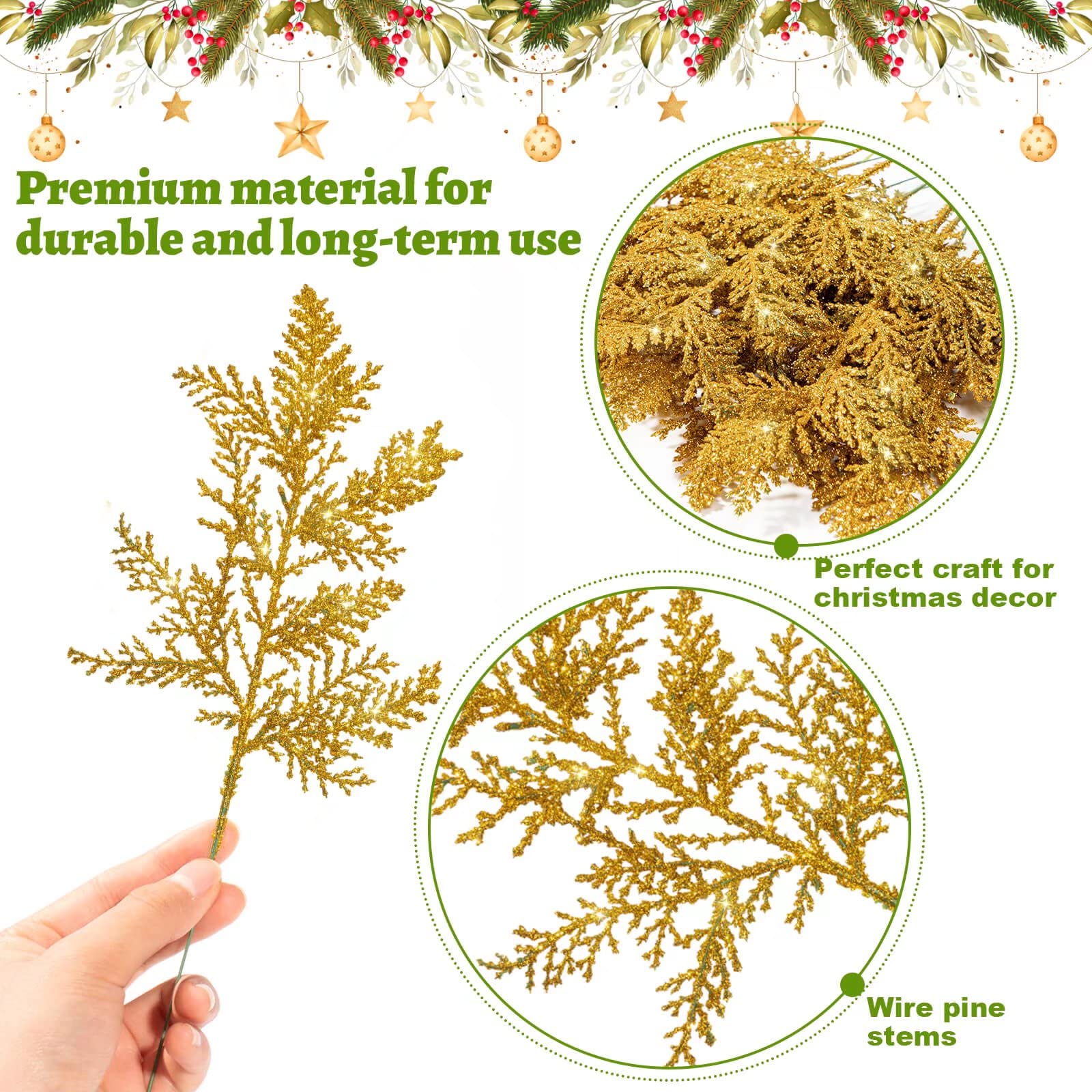 TORINALITAL 22PCS Christmas Tree Picks Sprays, Gold Glitter Artificial Pine Needles Faux Christmas Floral Picks Branches for Christmas Tree Wreath Wedding Bouquet Winter Seasonal Holiday Decoration