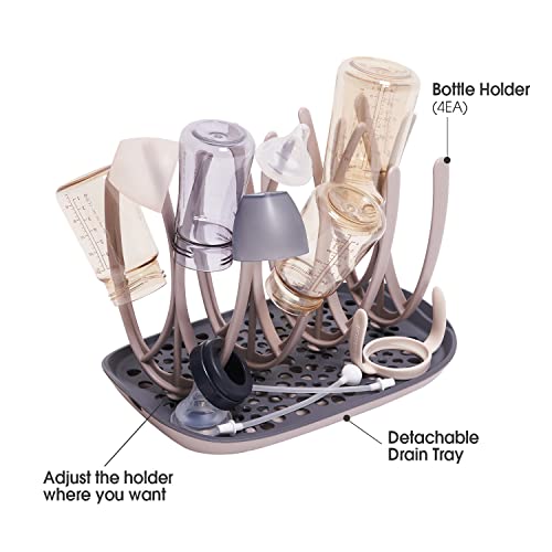 MOTHER-K Baby Bottle Drying Rack with Tray, Adjustable Holder for Baby Bottles, Pacifier and Pump Parts (Beige)