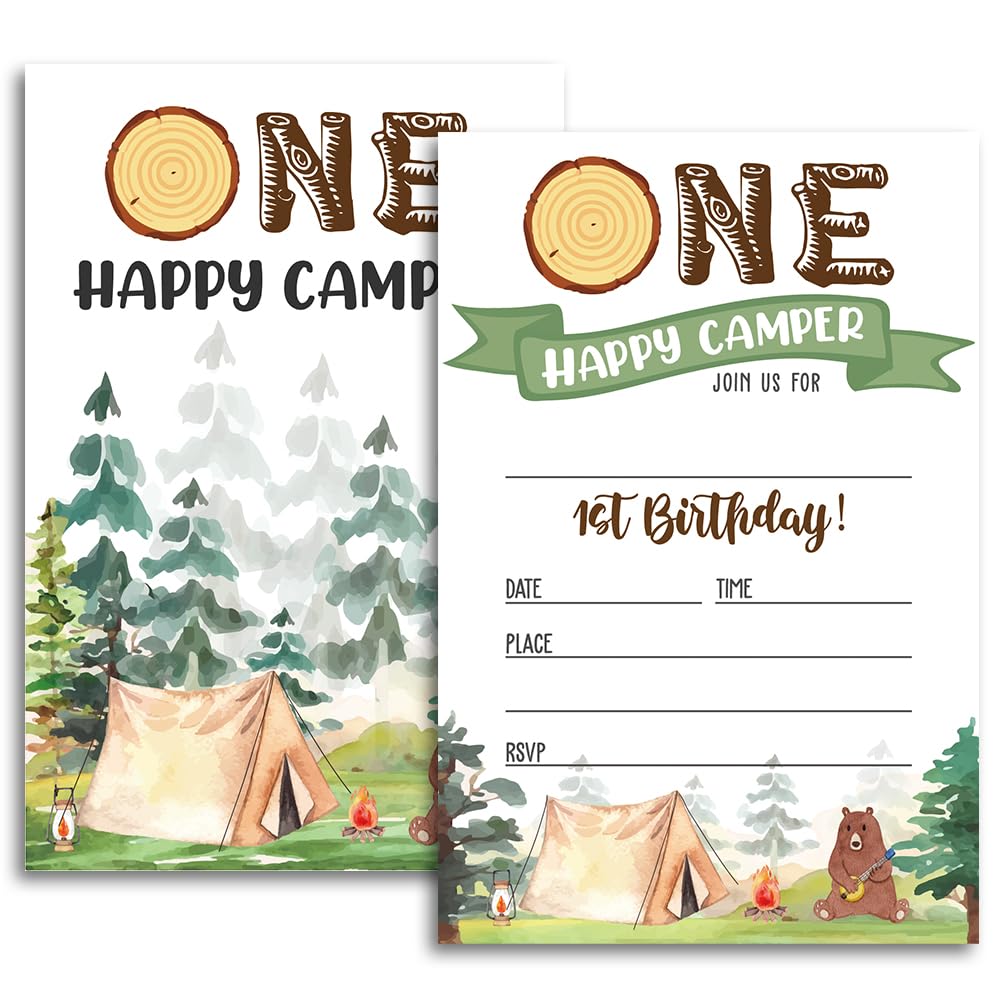FujLoy Happy Camper Invitation, One Happy Camper Birthday Invitation, Camper Party Invitations cards.(069)