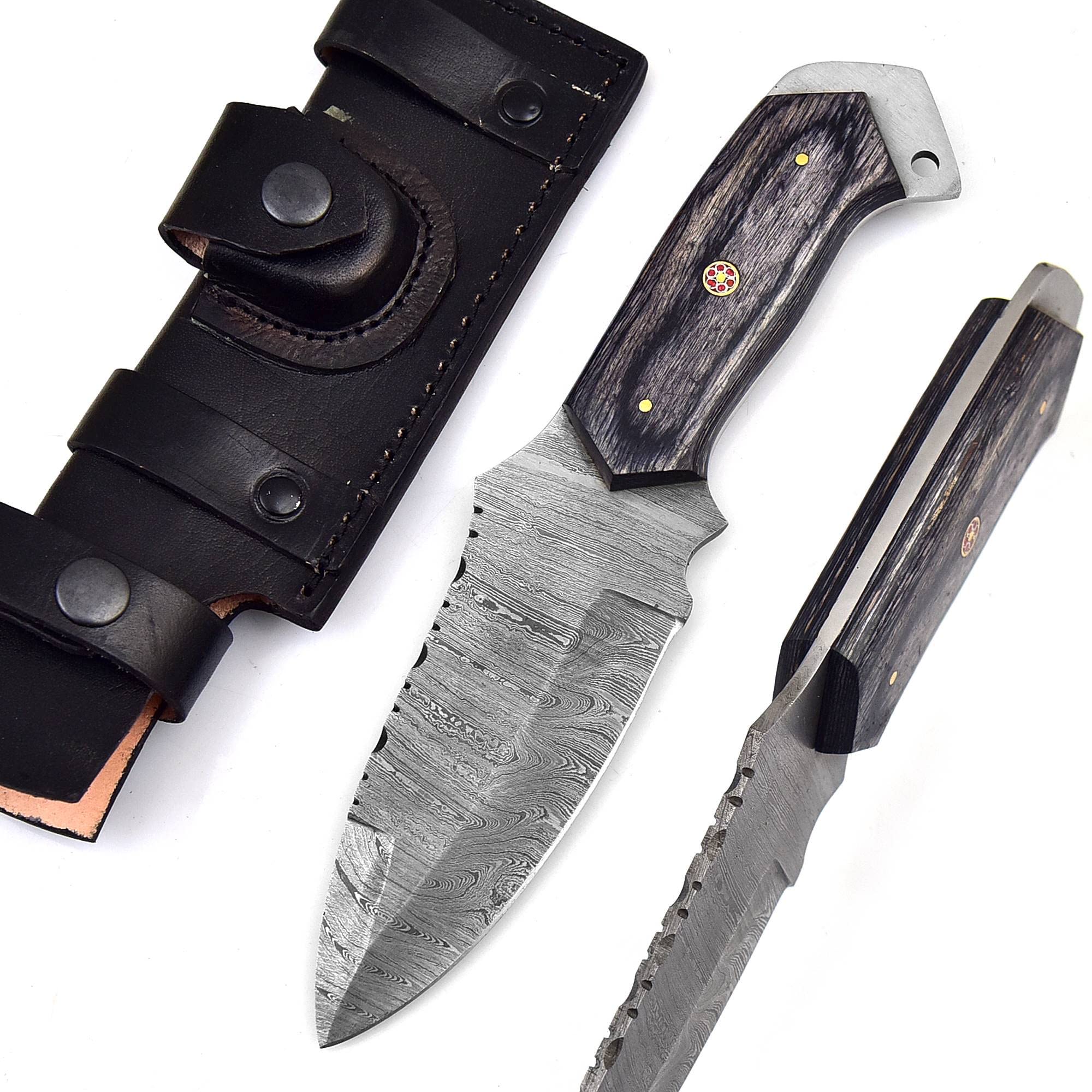 Damascus hunting knife with fixed blade 9.5", Damascus Bowie knife for Survival, Camping, Bushcraft Ergonomic Pukka wood handle | Horizontal carry knife for men with Leather Sheath EC-9108
